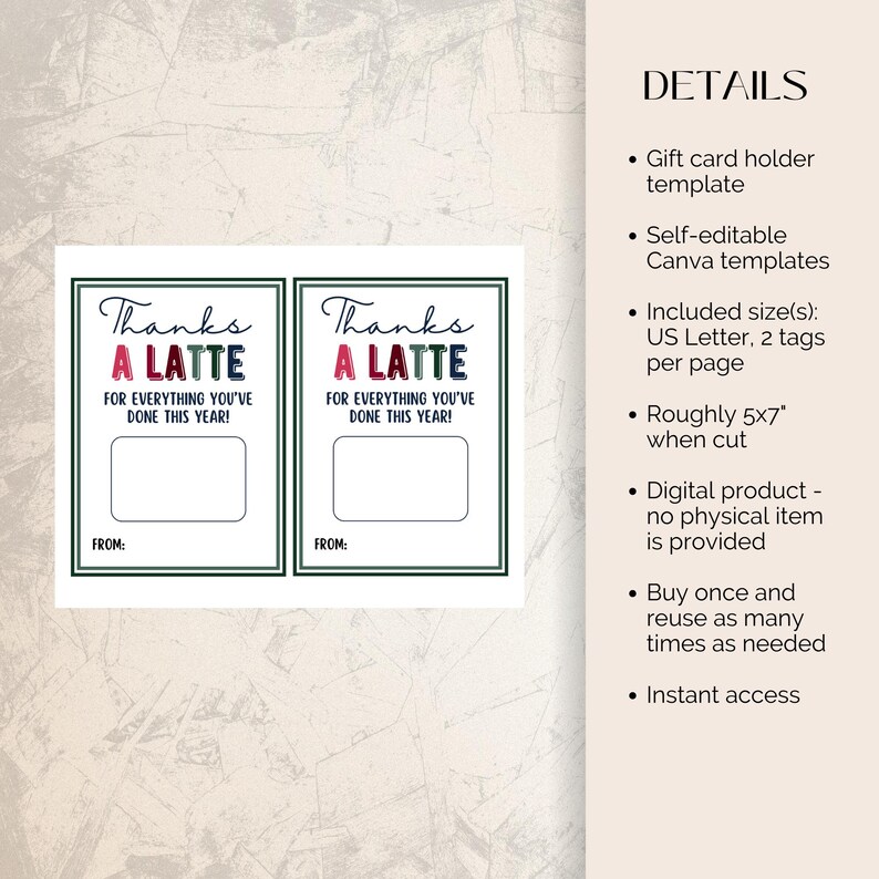 Thanks A Latte Gift Card Holder Canva Template, Christmas Coffee Gift ...
