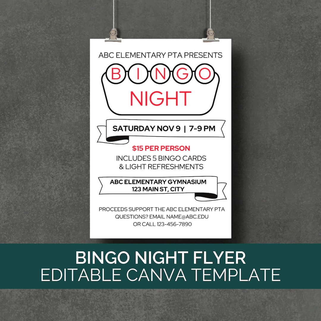 Bingo Night Fundraiser Flyer Canva Template, PTO Game Night Flyer ...