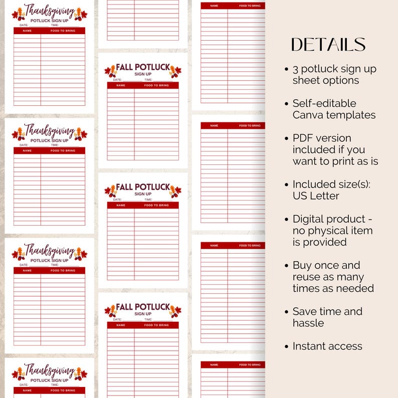 Thanksgiving Potluck Sign up Sheet Template, Printable Holiday Potluck ...