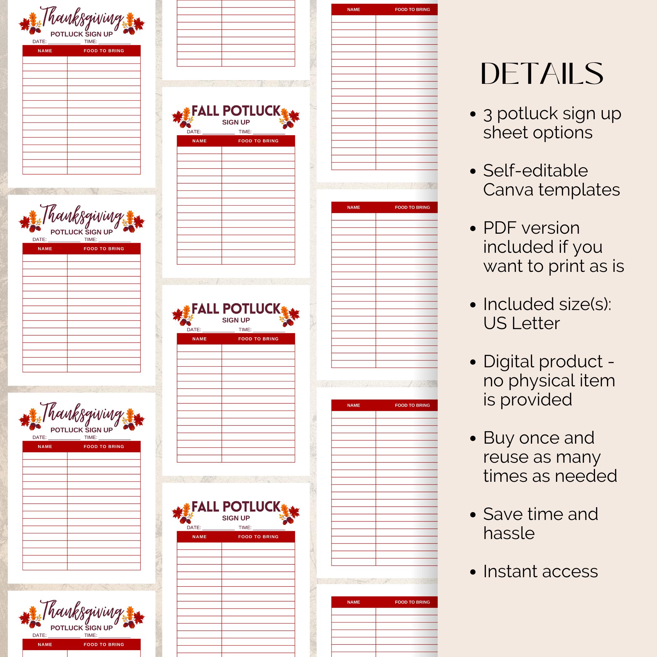 Thanksgiving Potluck Sign up Sheet Template, Printable Holiday Potluck ...