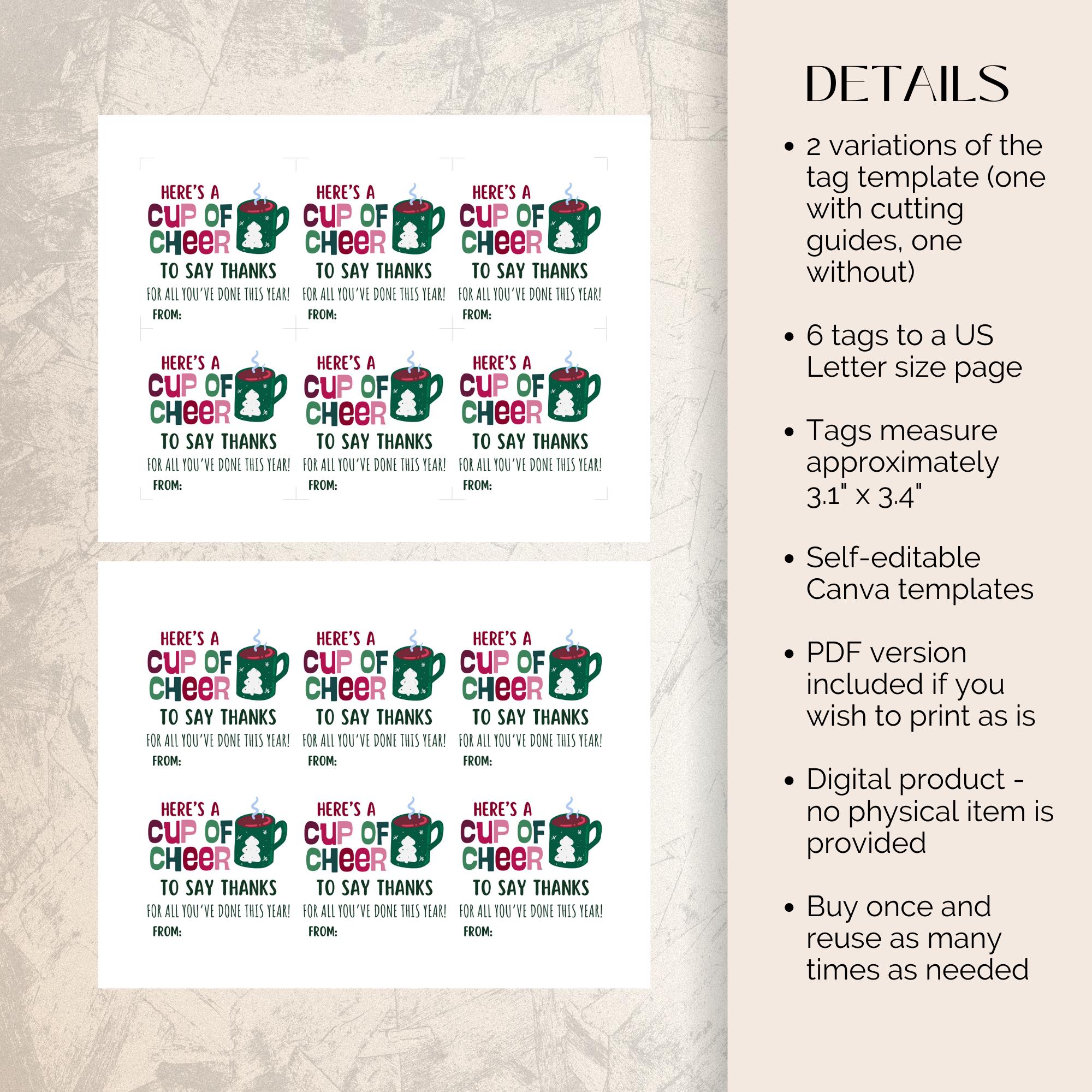 Cup of Cheer Gift Tag Canva Template, Christmas Tea Teacher Tag, Hot ...