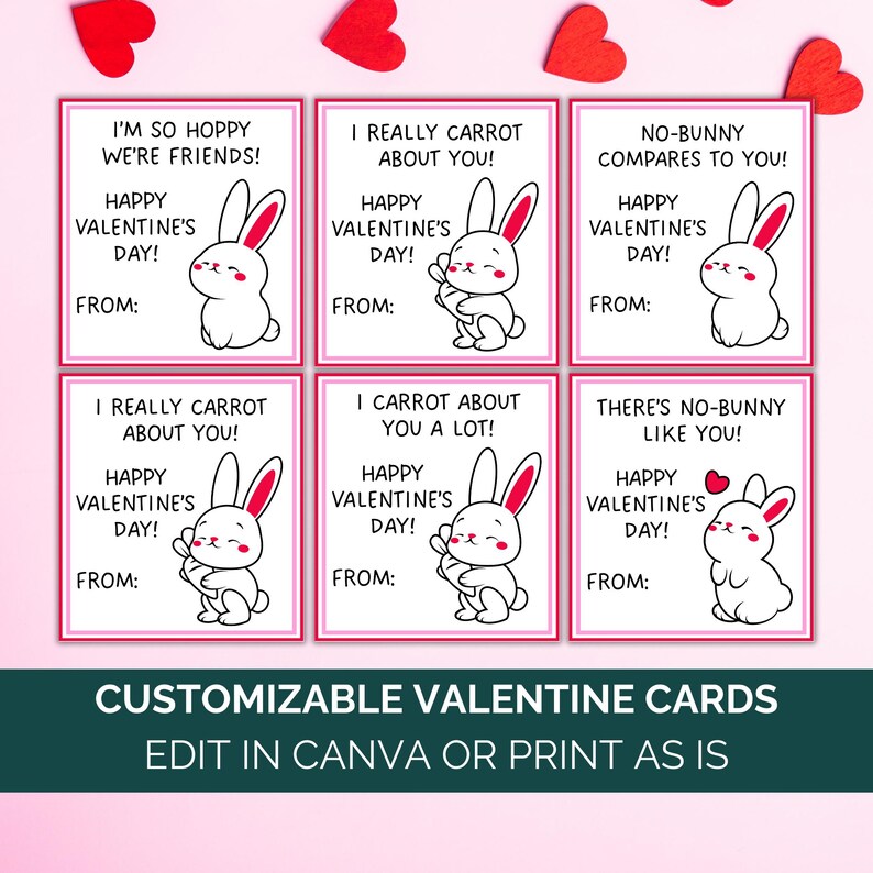 Bunny Valentine's Day Cards Canva Template, Rabbit Valentine Tags, Cute ...