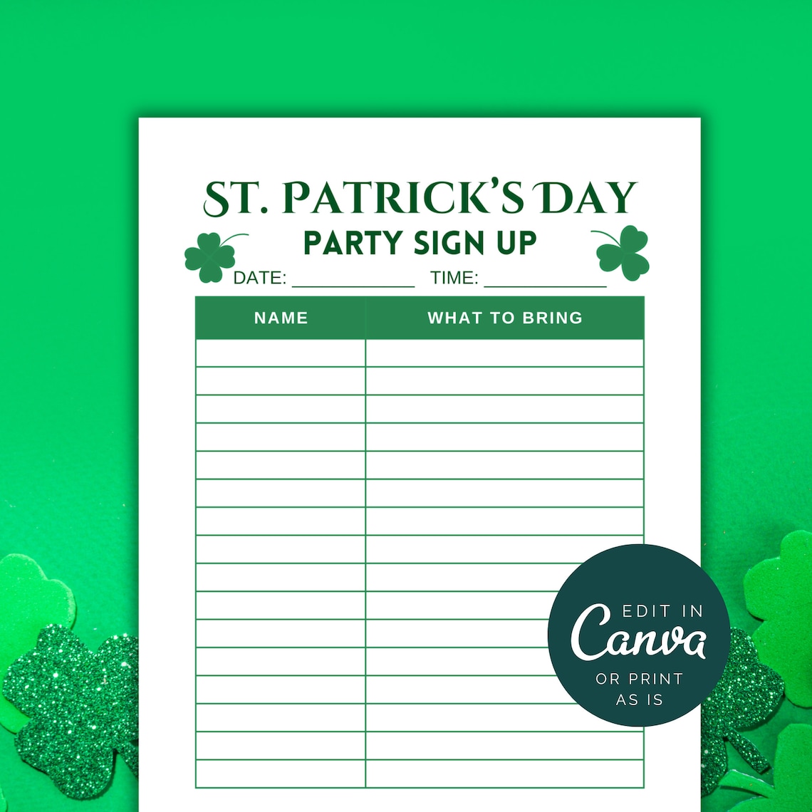 St. Patrick's Day Sign up Sheet, Printable St Patty's Day Potluck Sign ...