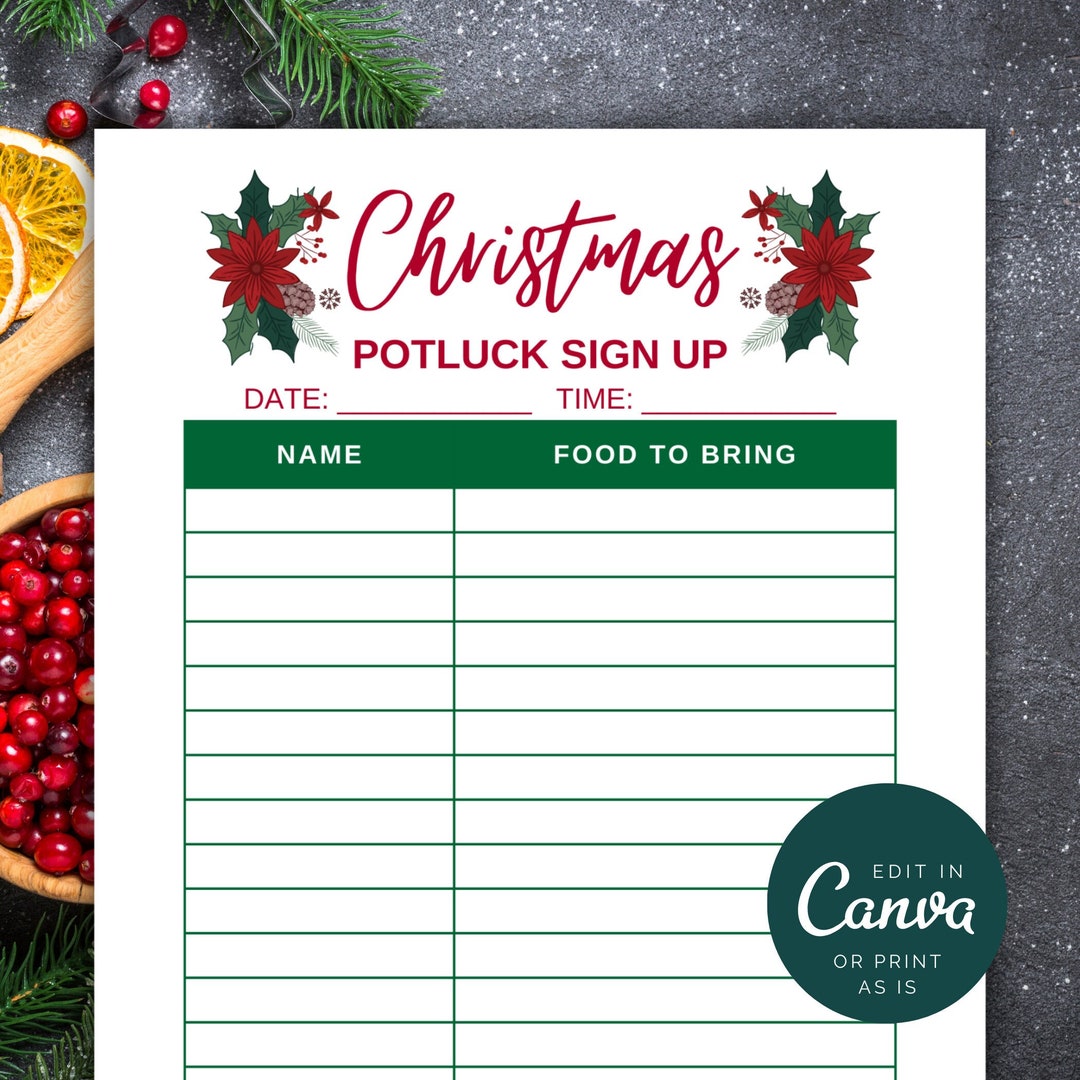 Christmas Potluck Sign up Sheet Template, Printable Holiday Potluck ...