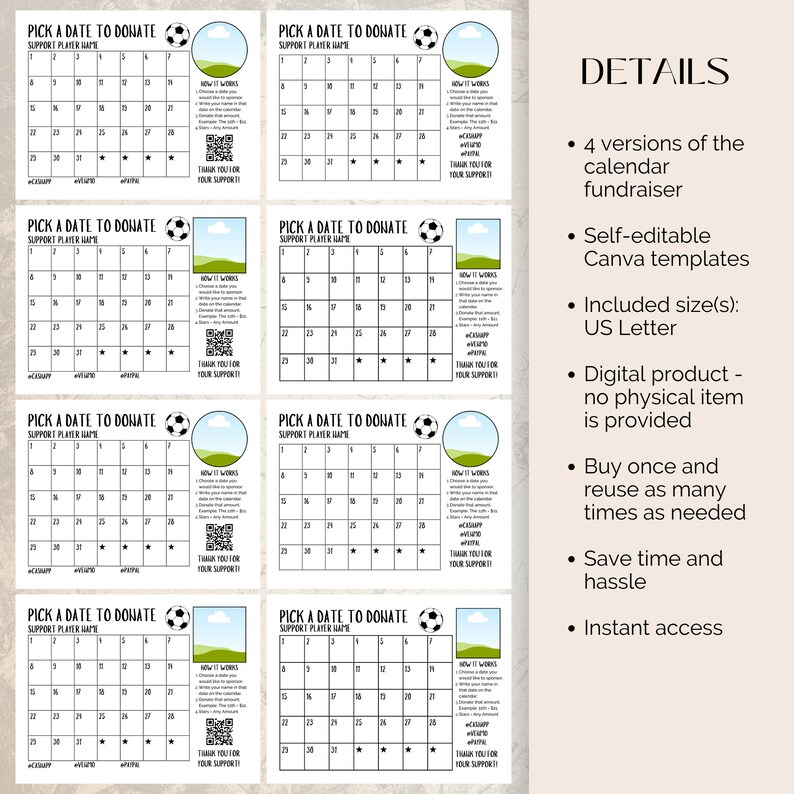 Pick A Date to Donate Soccer Fundraising Calendar Canva Template, Pick ...