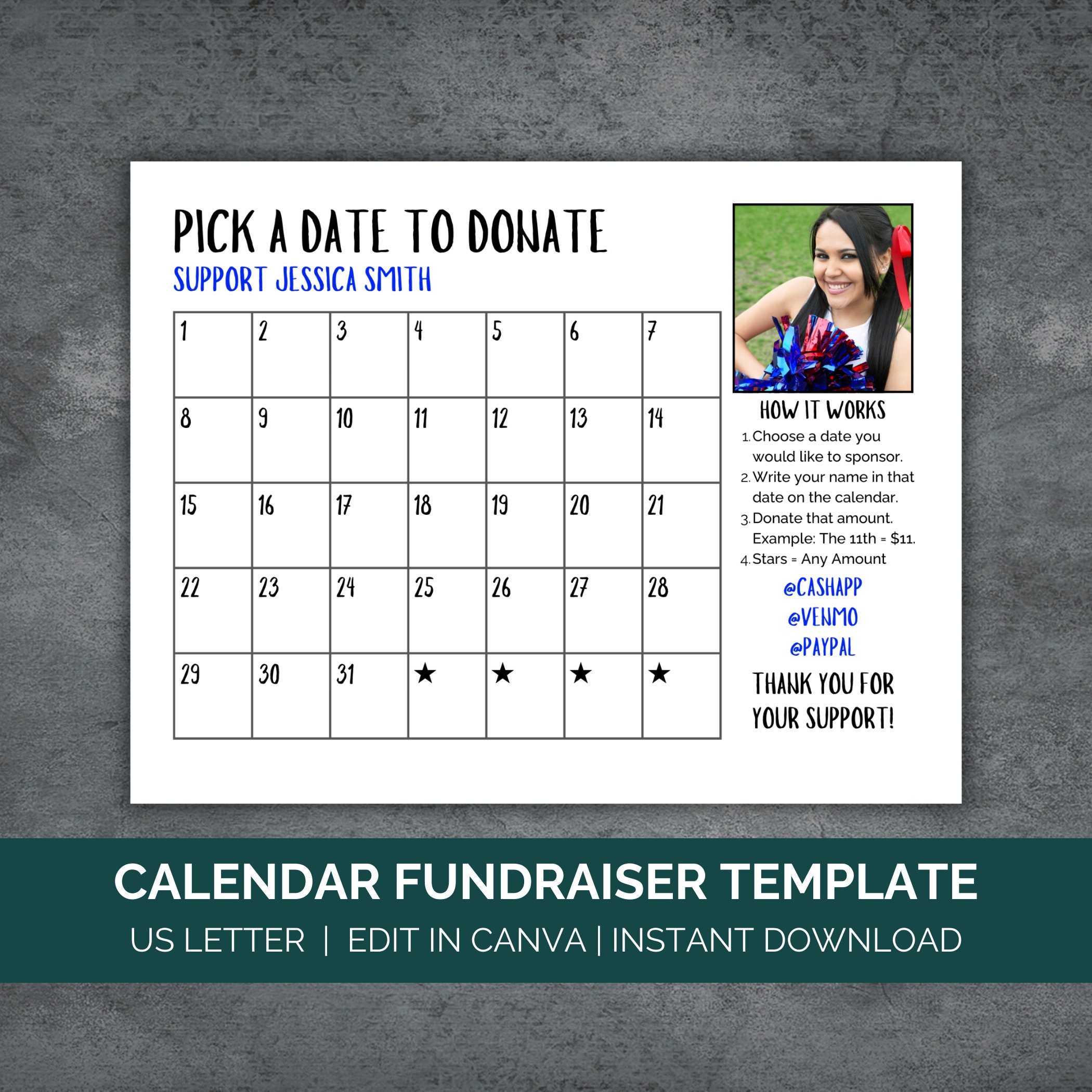 Pick A Date to Donate Cheer Calendar Fundraiser Template, Cheer ...