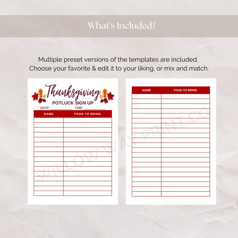Thanksgiving Potluck Sign up Sheet Template, Printable Holiday Potluck ...
