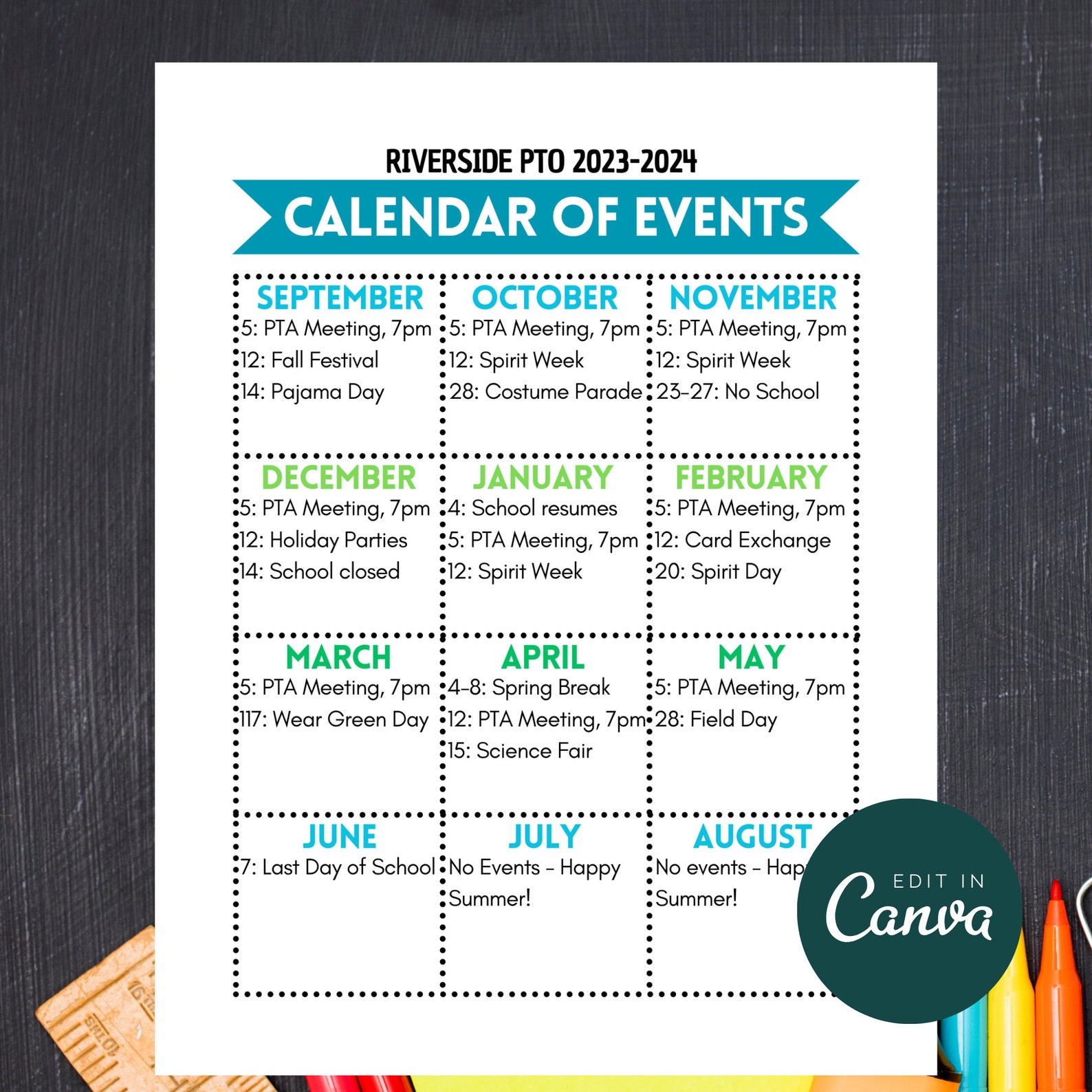 Editable PTA Calendar of Events Flyer, PTO Schedule Flyer, Printable PTA Schedule Sign, Canva ...