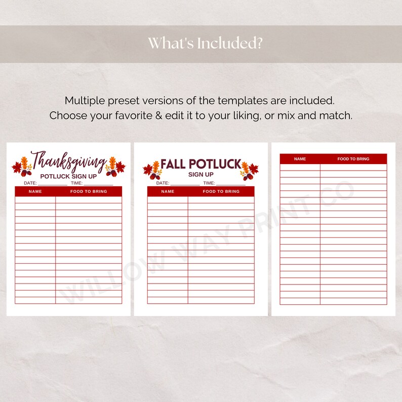 Fall Potluck Sign up Sheet Template, Printable Holiday Potluck Signup ...