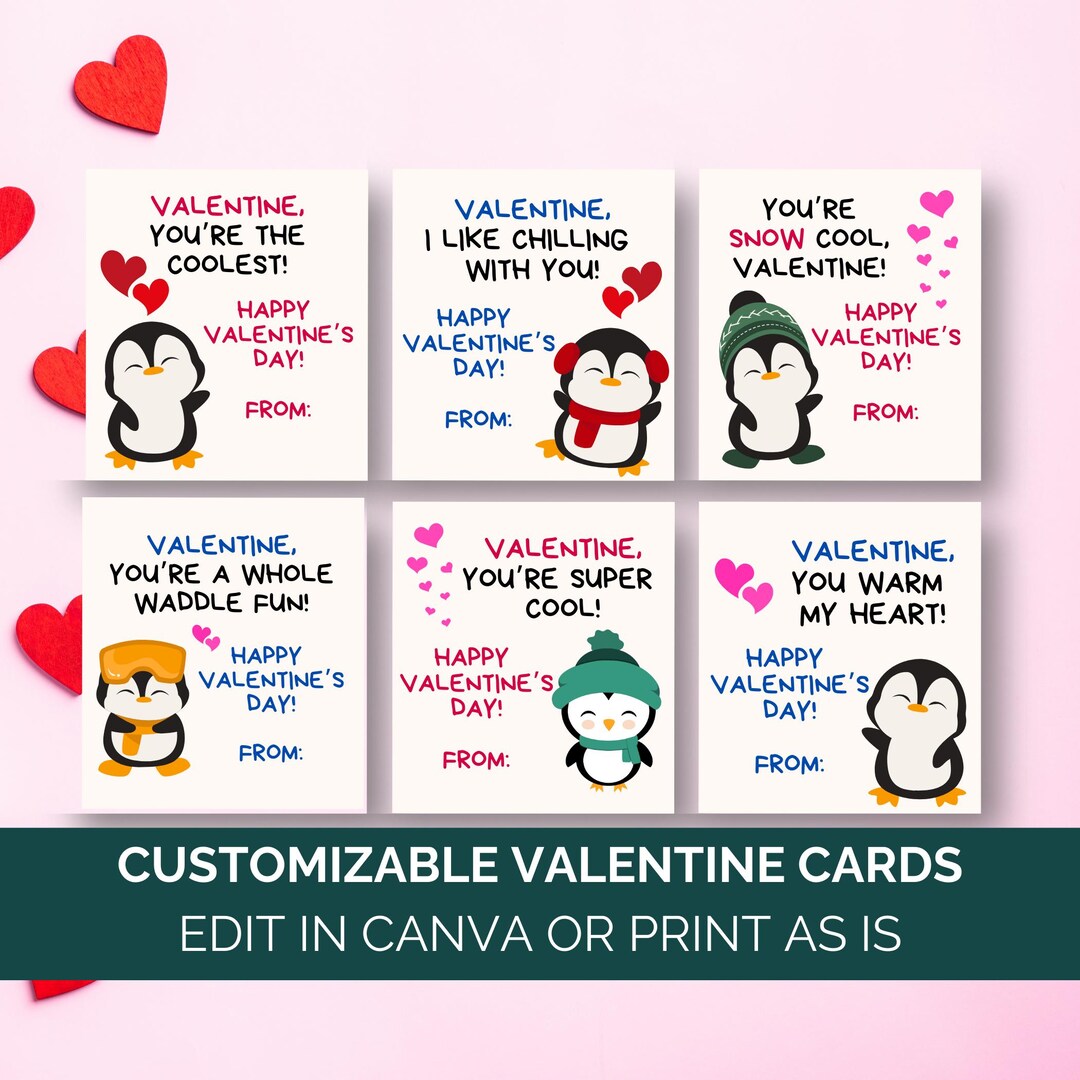 Penguin Valentine Card Kids, Classroom Valentines Penguin, Penguin ...