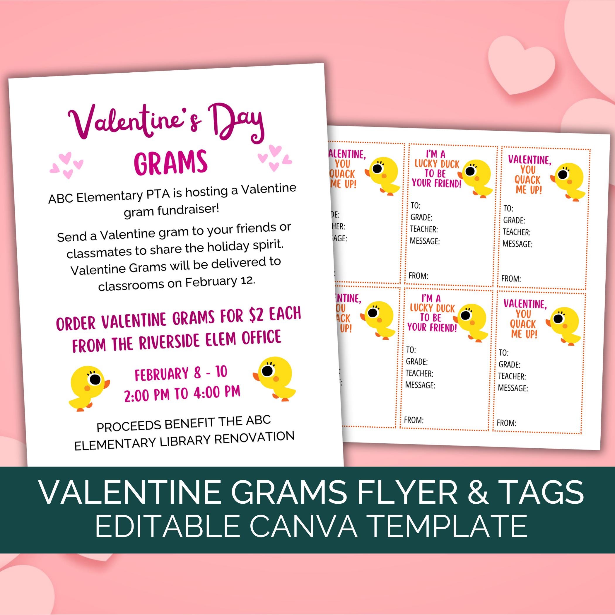 Valentine's Day Gram Fundraiser Canva Template, Duck Valentine Candy ...