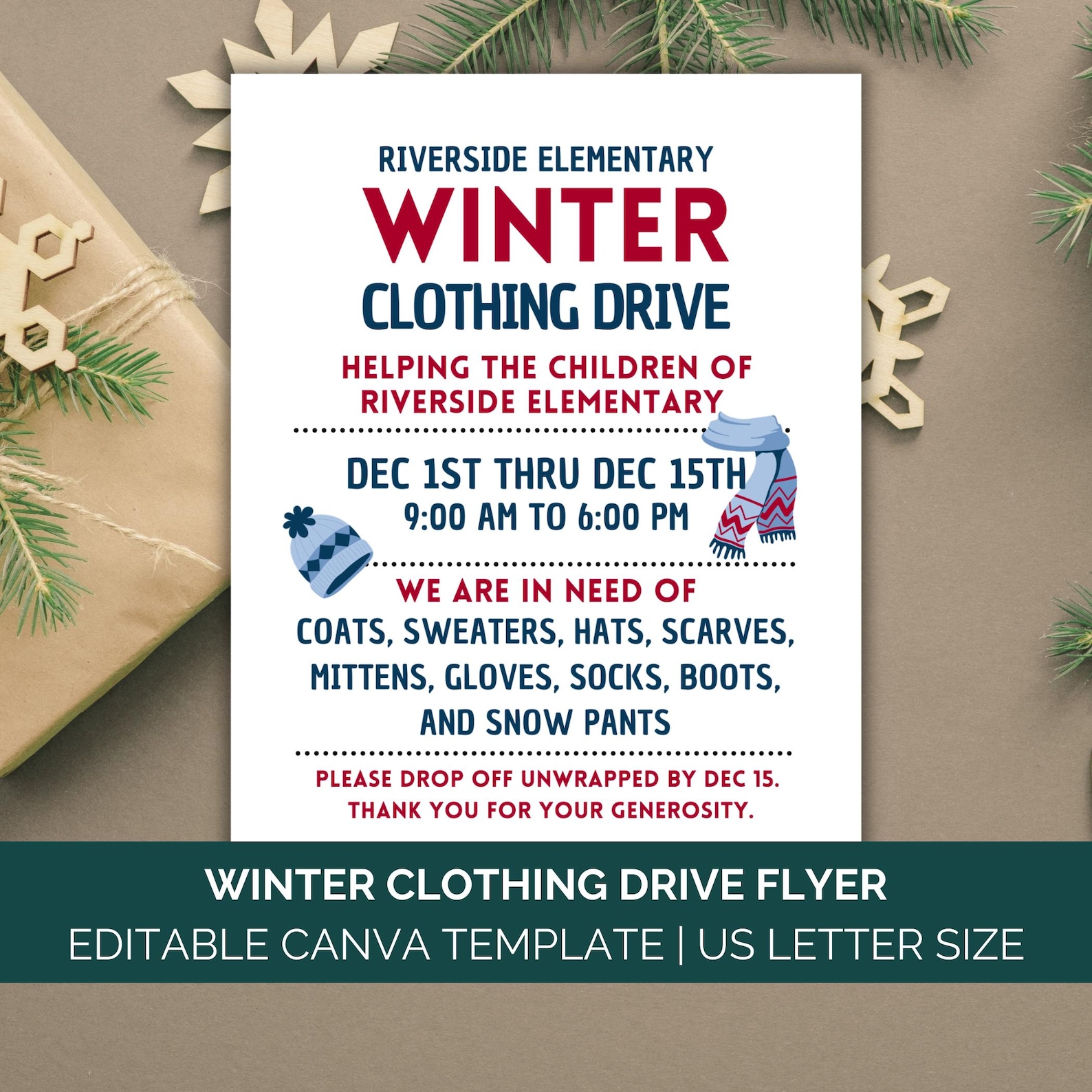 Winter Clothing Drive Flyer Template, Editable Christmas Clothing Drive ...