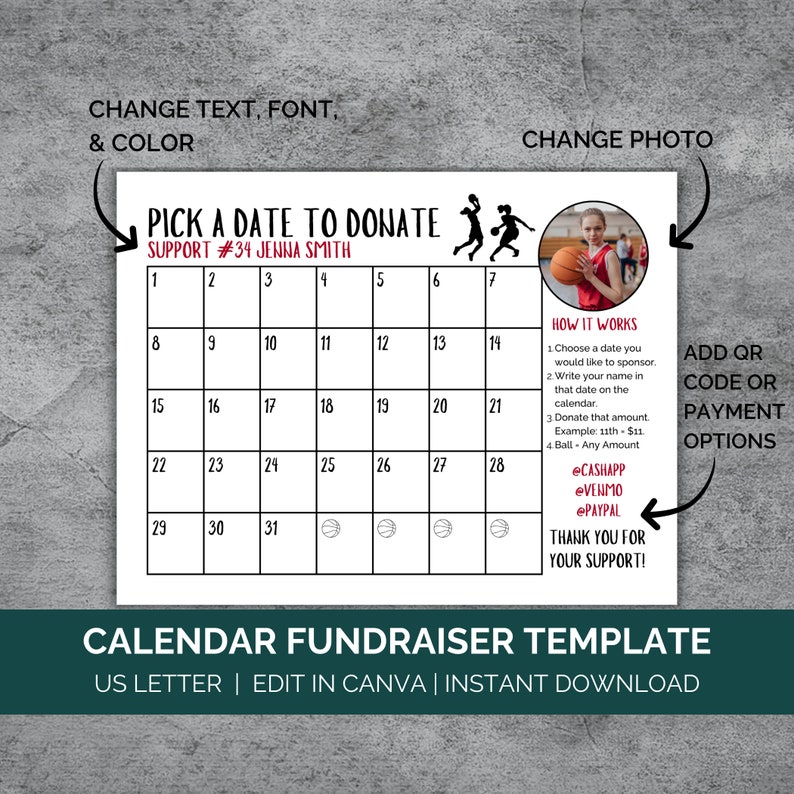 Pick A Date Basketball Fundraiser Calendar Canva Template, Girls ...