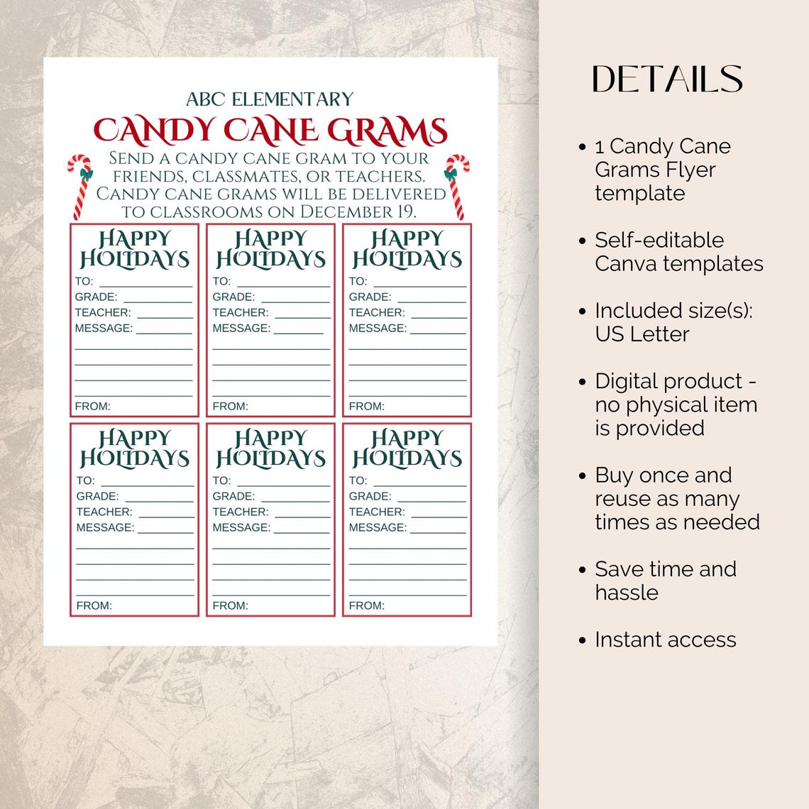 Christmas Candy Cane Grams Flyer Canva Template, Winter Holiday Candy ...