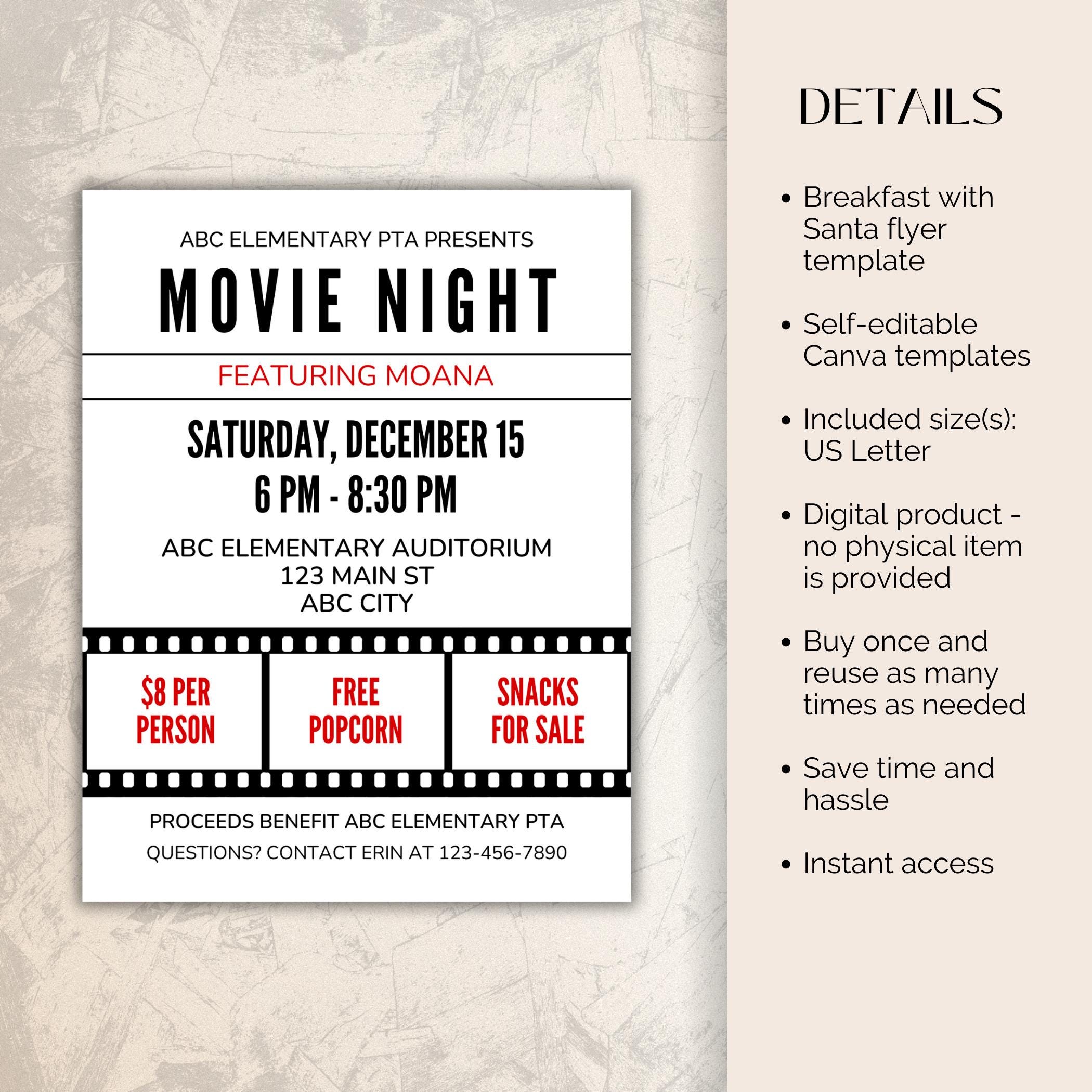 Movie Night Fundraiser Flyer Canva Template, PTO Movie Night Flyer for ...