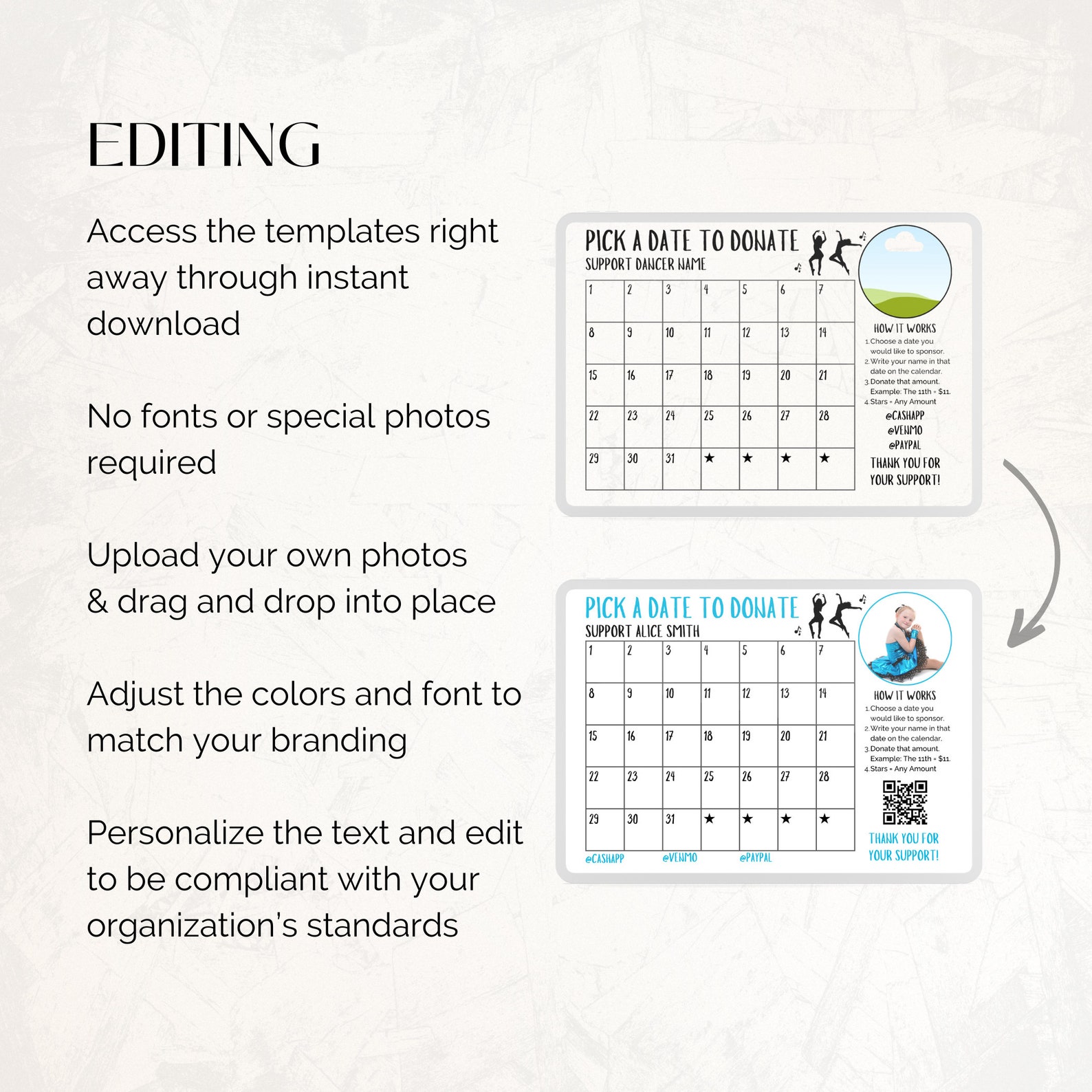 Dance Team Fundraiser Editable, Pick A Date to Donate Calendar for ...