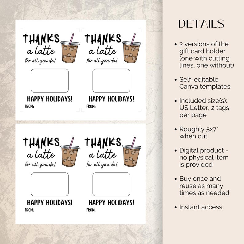 Thanks A Latte Gift Card Holder Canva Template, Fall Coffee Gift Card ...