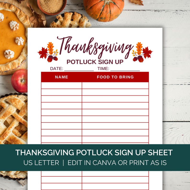 Thanksgiving Potluck Sign up Sheet Template, Printable Holiday Potluck ...
