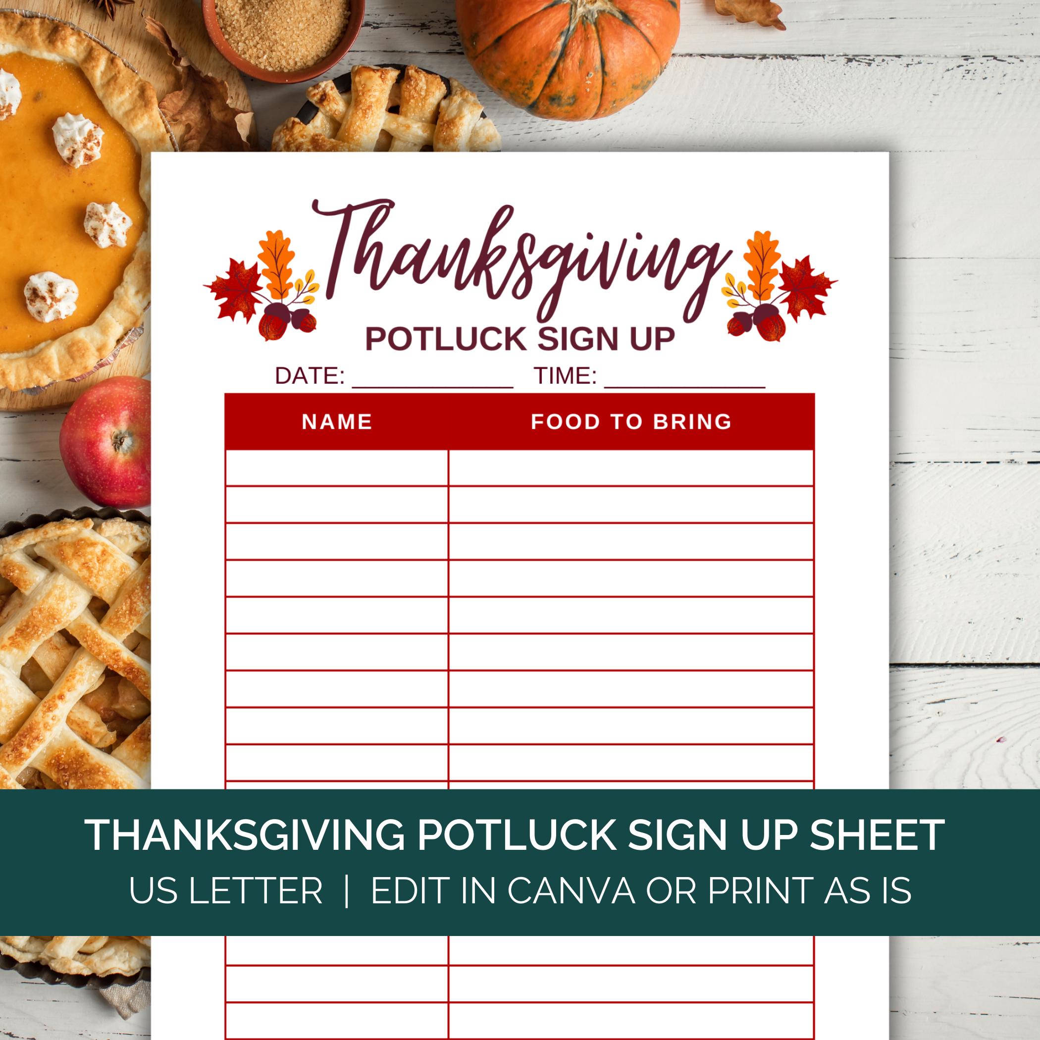 Thanksgiving Potluck Sign up Sheet Template, Printable Holiday Potluck ...