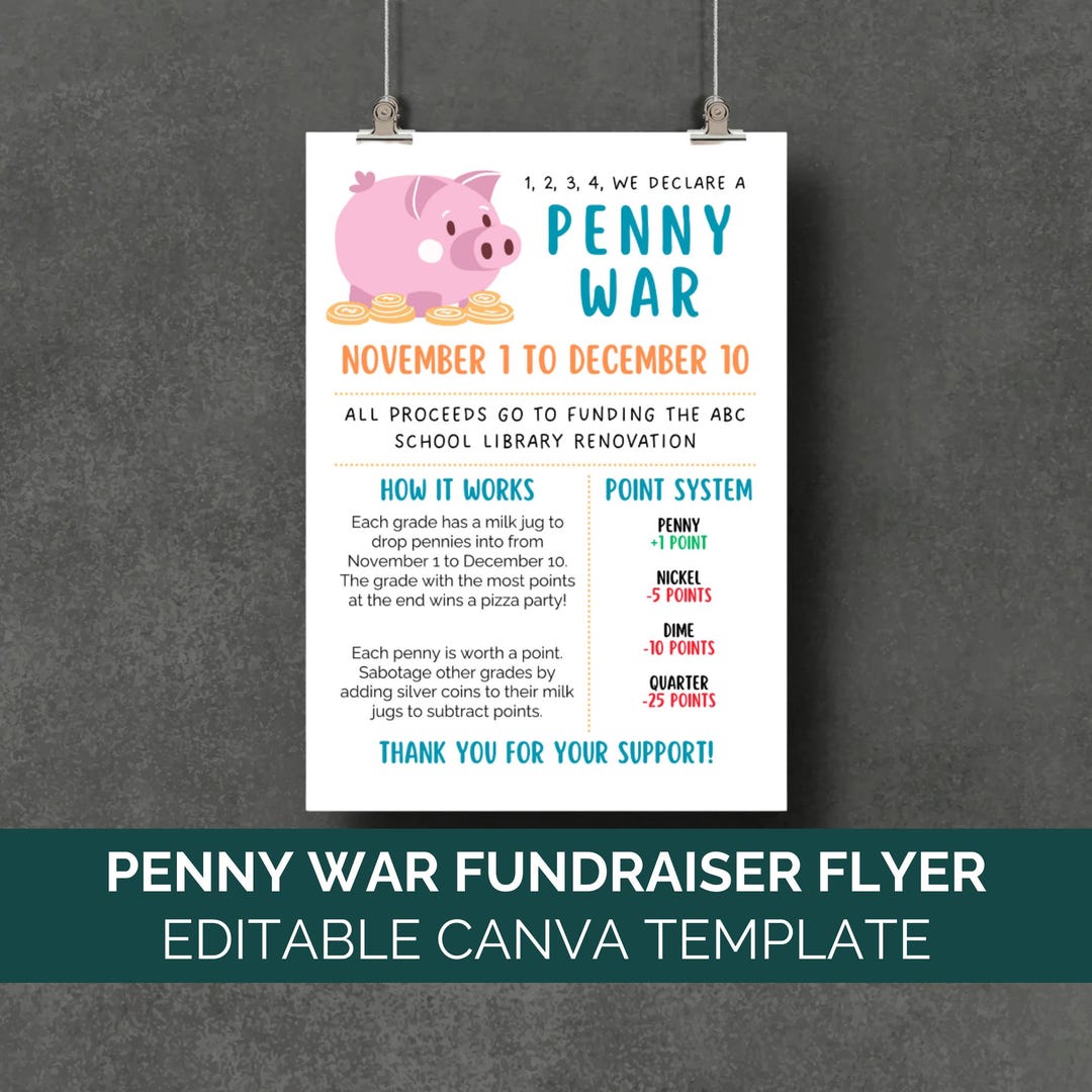 Penny War Fundraiser Flyer Canva Template, PTO Coin War Fundraiser ...