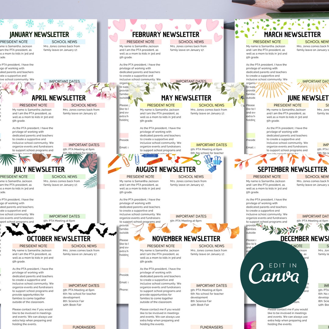 Monthly Newsletter Template, Editable PTA Yearly Newsletter Template ...