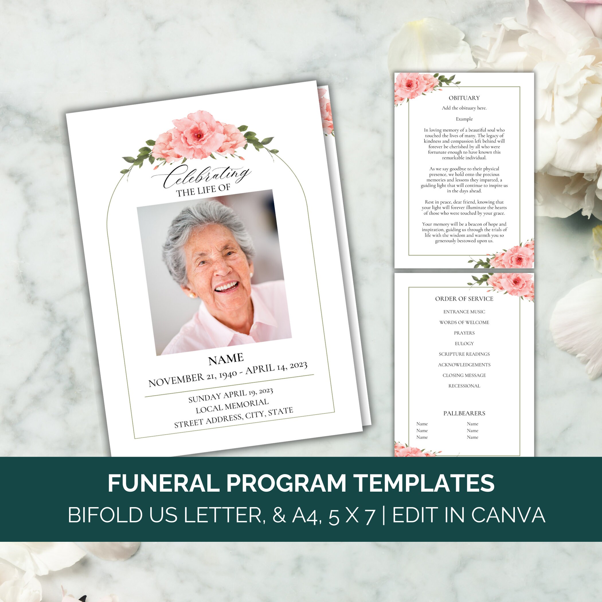 Peach Floral Funeral Program Template for Woman, Celebration of Life ...