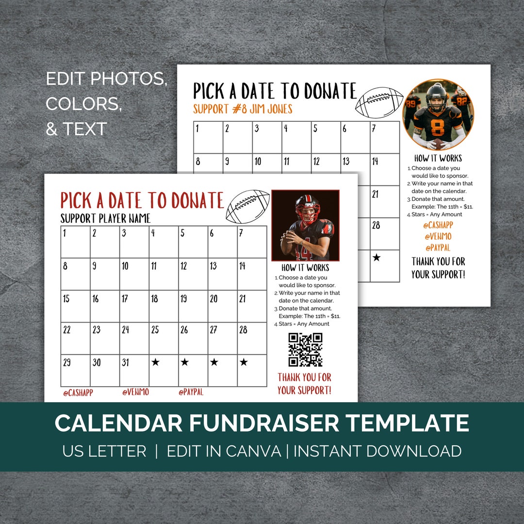 Pick A Date Football Fundraiser Calendar Canva Template, Football Pick ...