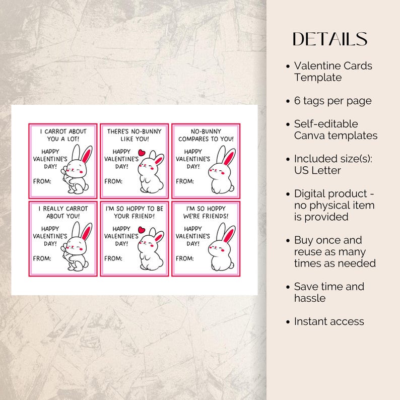 Bunny Valentine's Day Cards Canva Template, Rabbit Valentine Tags, Cute ...