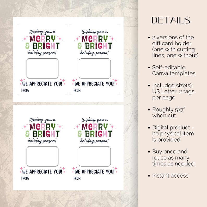 Merry and Bright Gift Card Holder Canva Template, Merry Christmas Gift ...