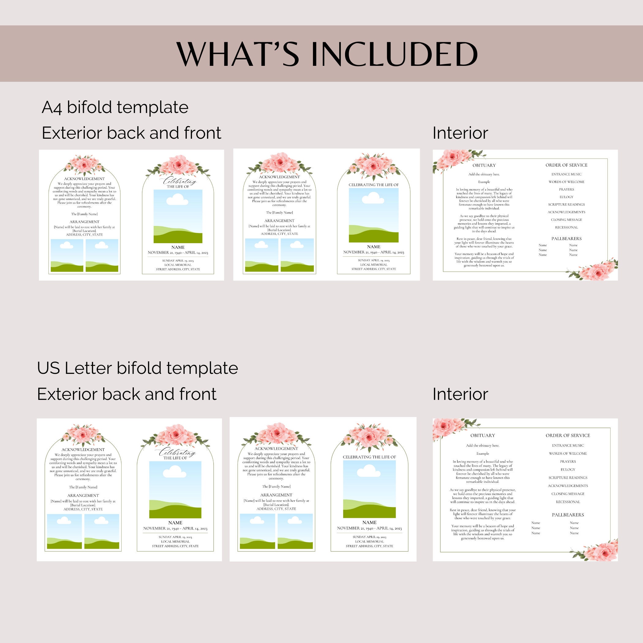 Peach Floral Funeral Program Template for Woman, Celebration of Life ...