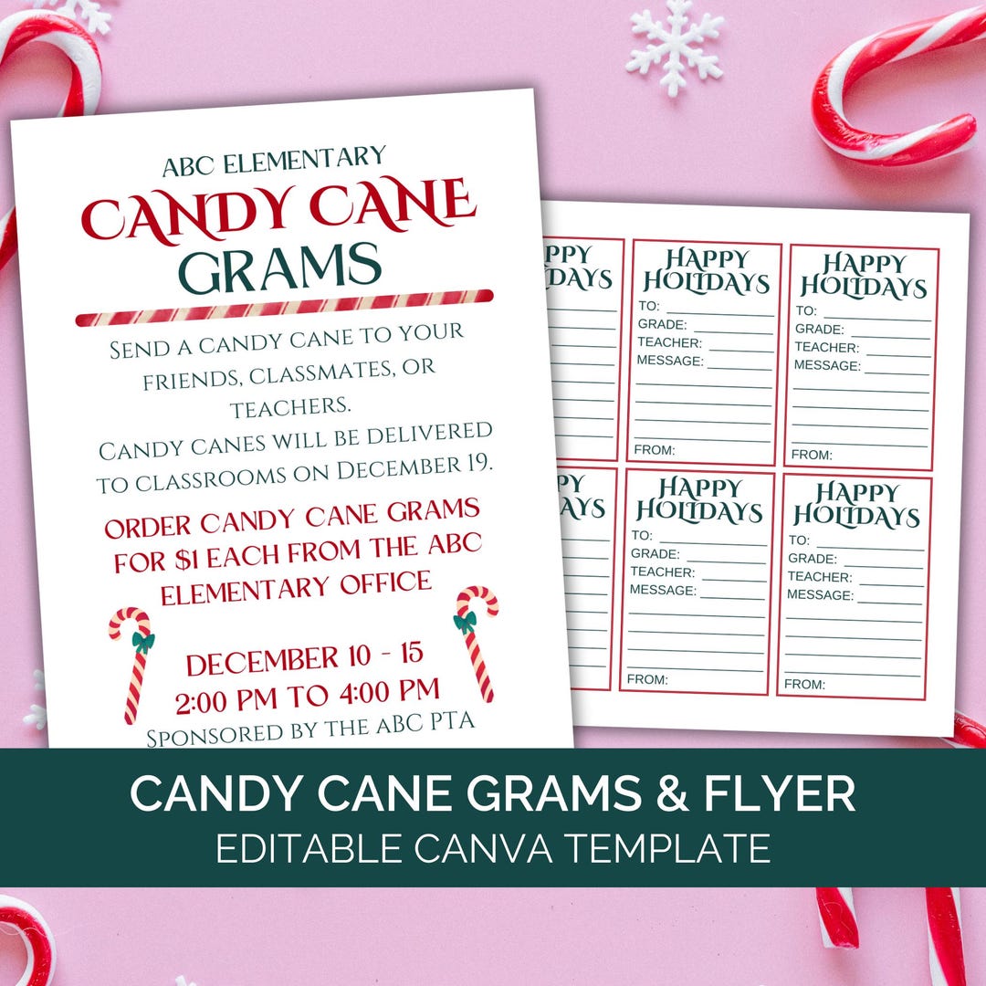 Christmas Candy Cane Grams Flyer Template Canva, Winter Candy Tags ...
