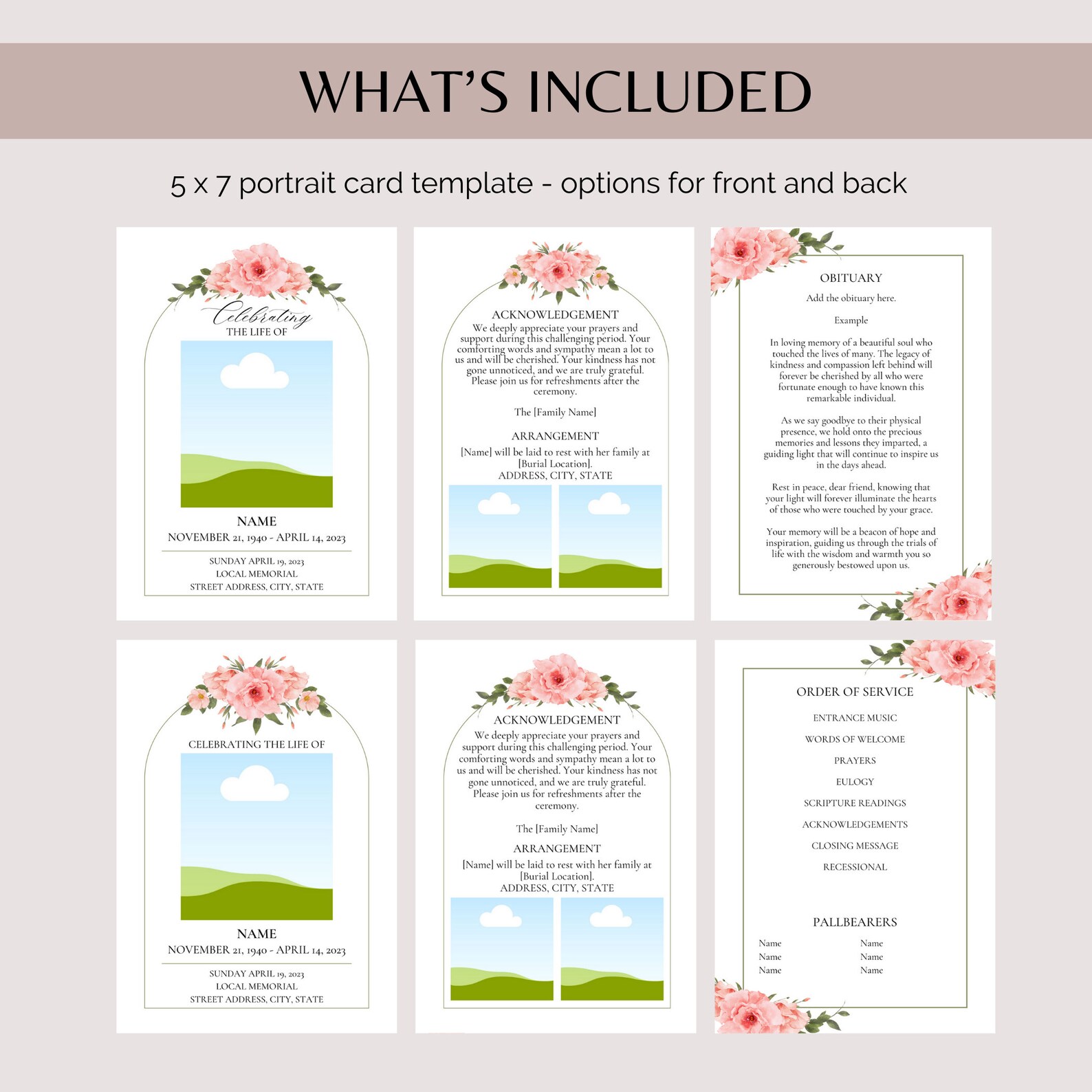 Peach Floral Funeral Program Template for Woman, Celebration of Life ...