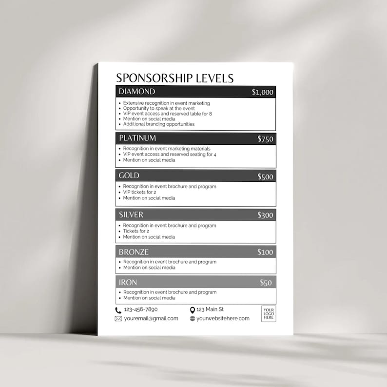 Sponsorship Levels Template, Nonprofit Sponsor Level Flyer, Event ...