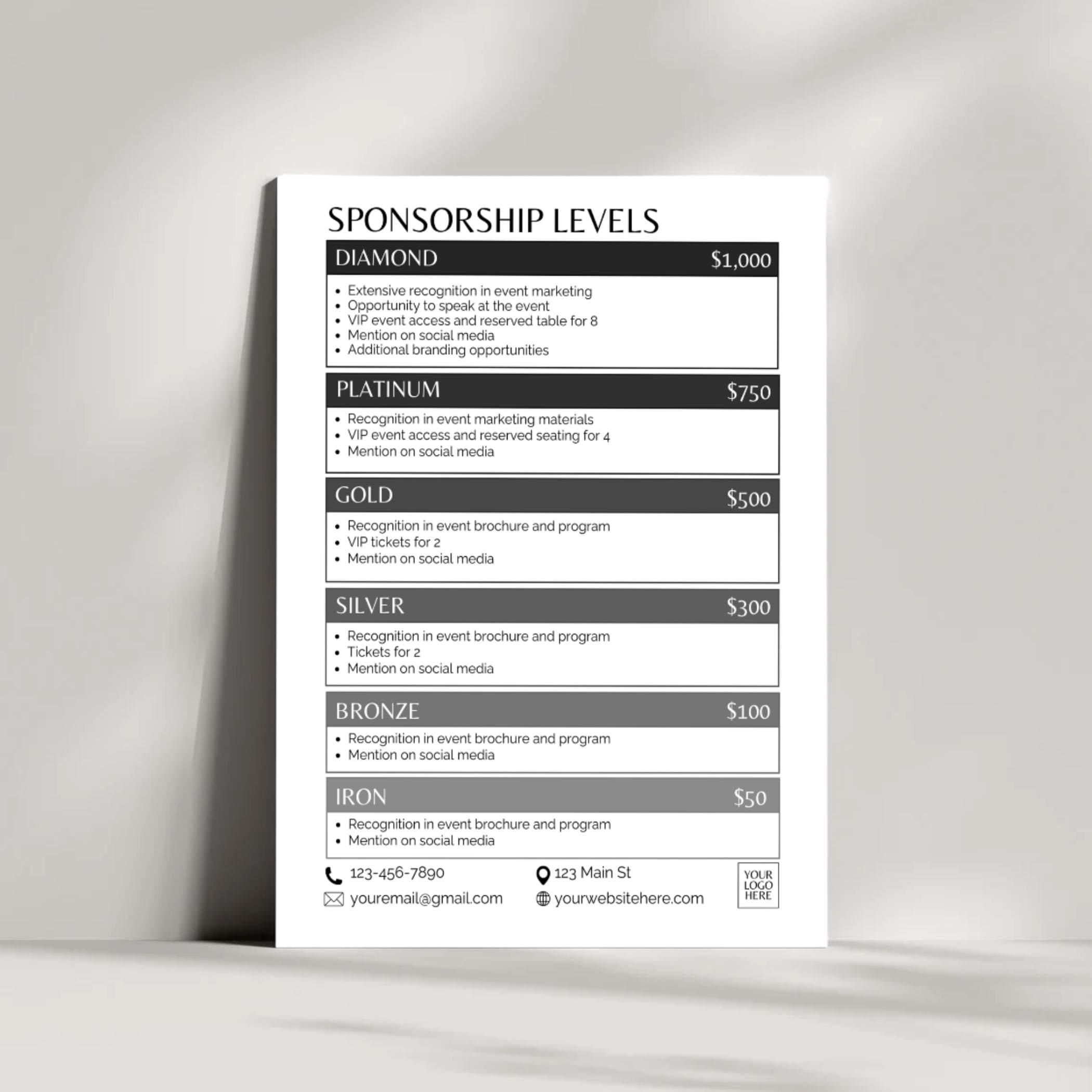 Sponsorship Levels Template, Nonprofit Sponsor Level Flyer, Event ...