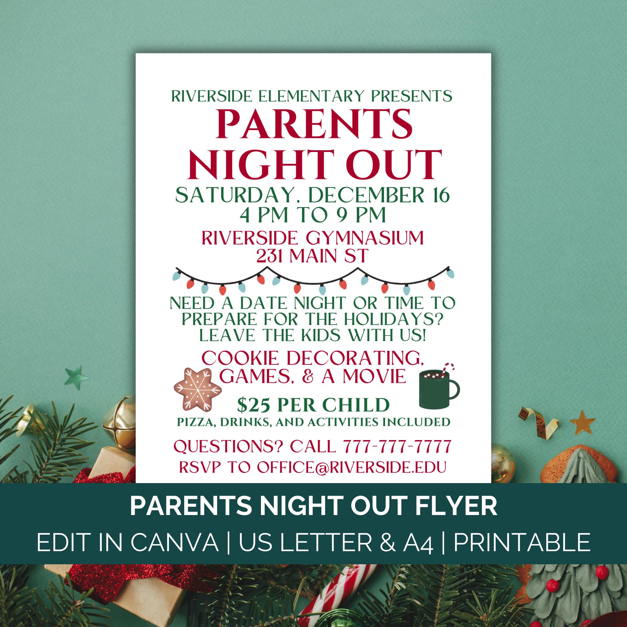Parents Night Out Flyer Template, Christmas Parents Night Out ...