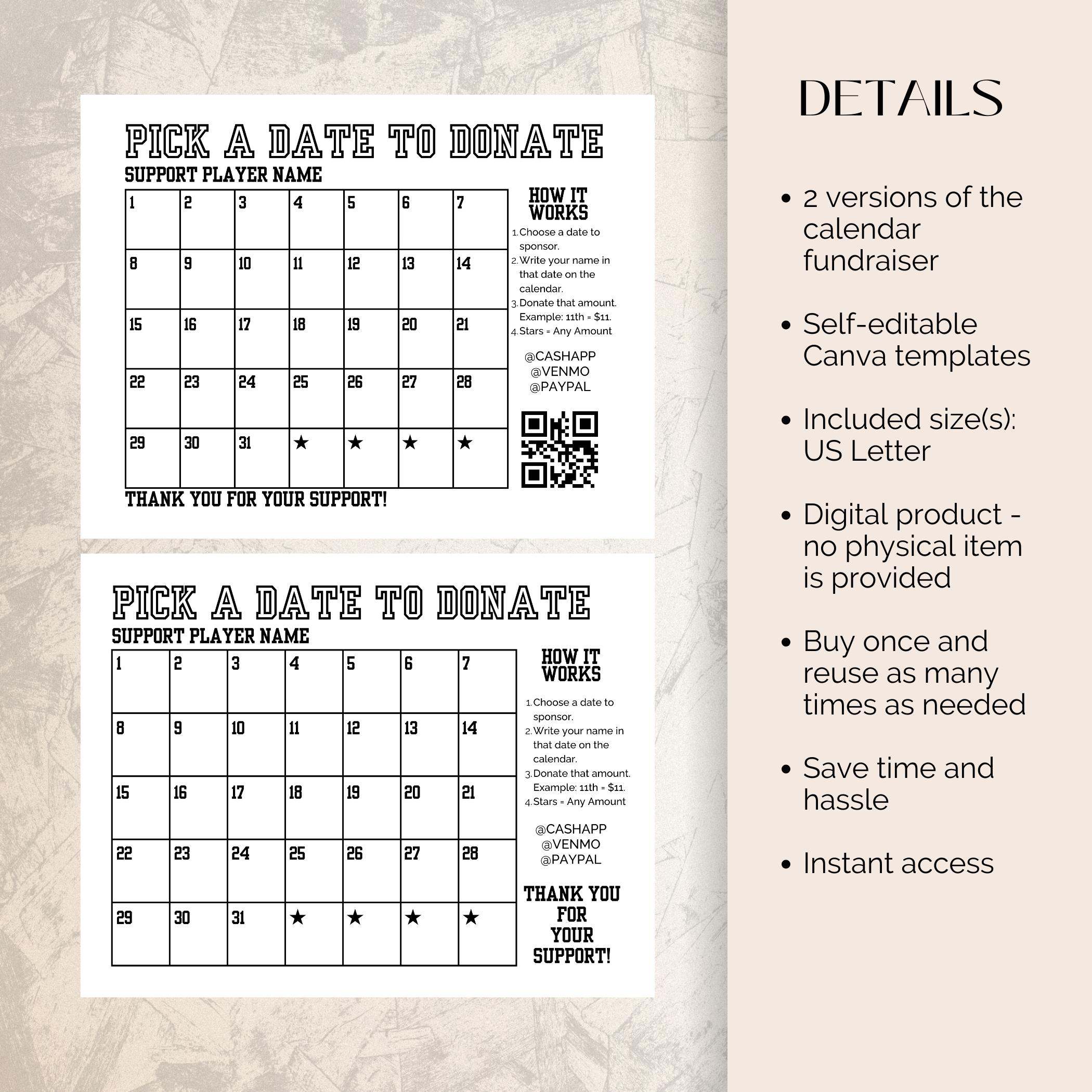 All Purpose Pick A Date Calendar Fundraiser Canva Template, No Photo ...