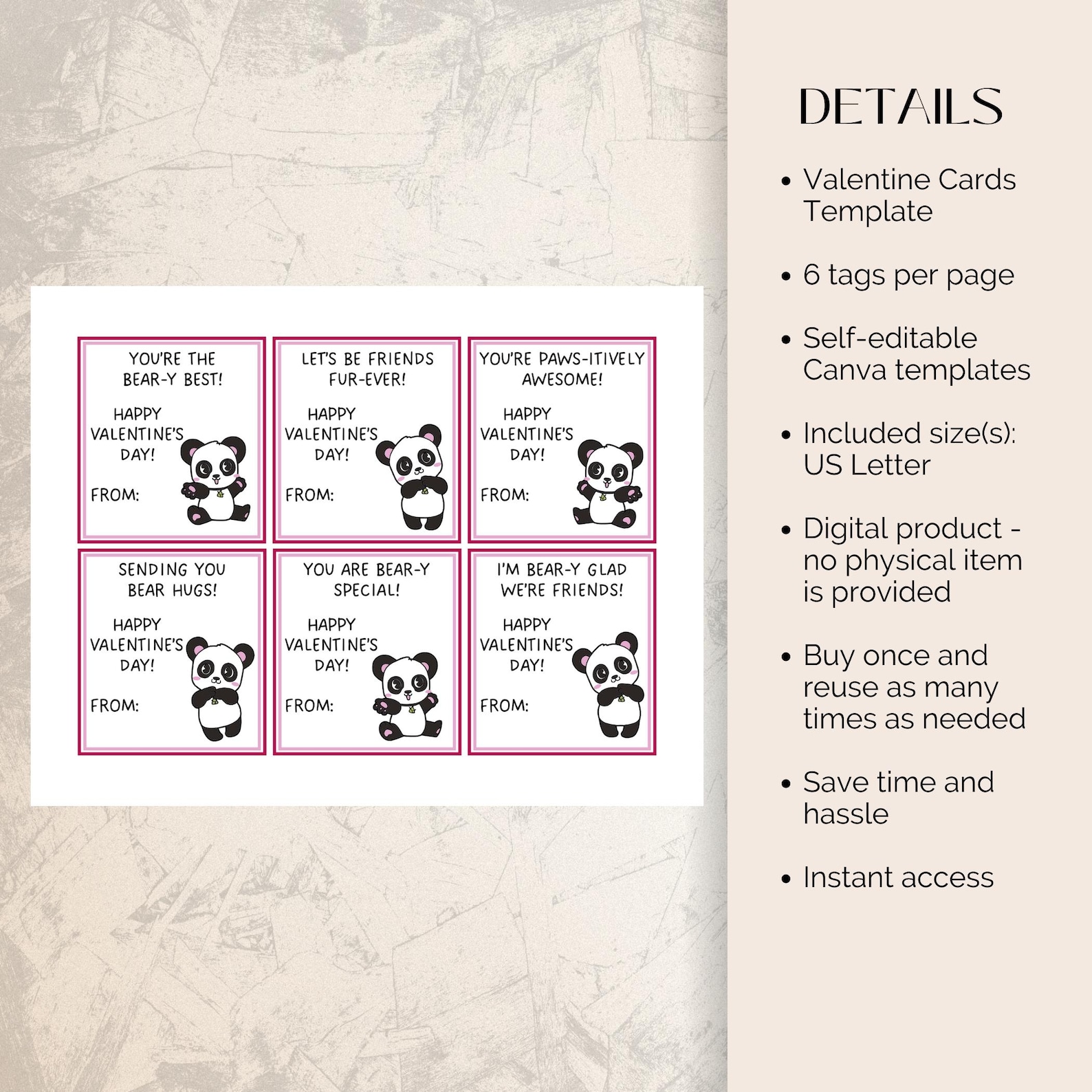 Panda Valentine's Day Cards Canva Template, Bear Valentine Tags, Cute ...