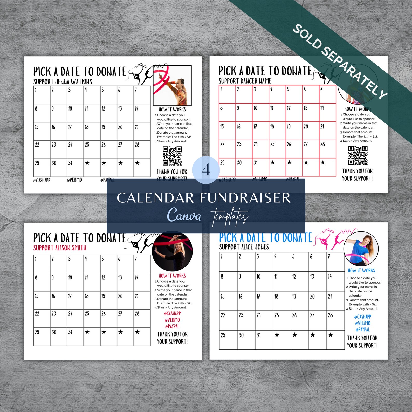 Pick A Date to Donate Gymnastics Fundraiser Calendar Canva Template ...
