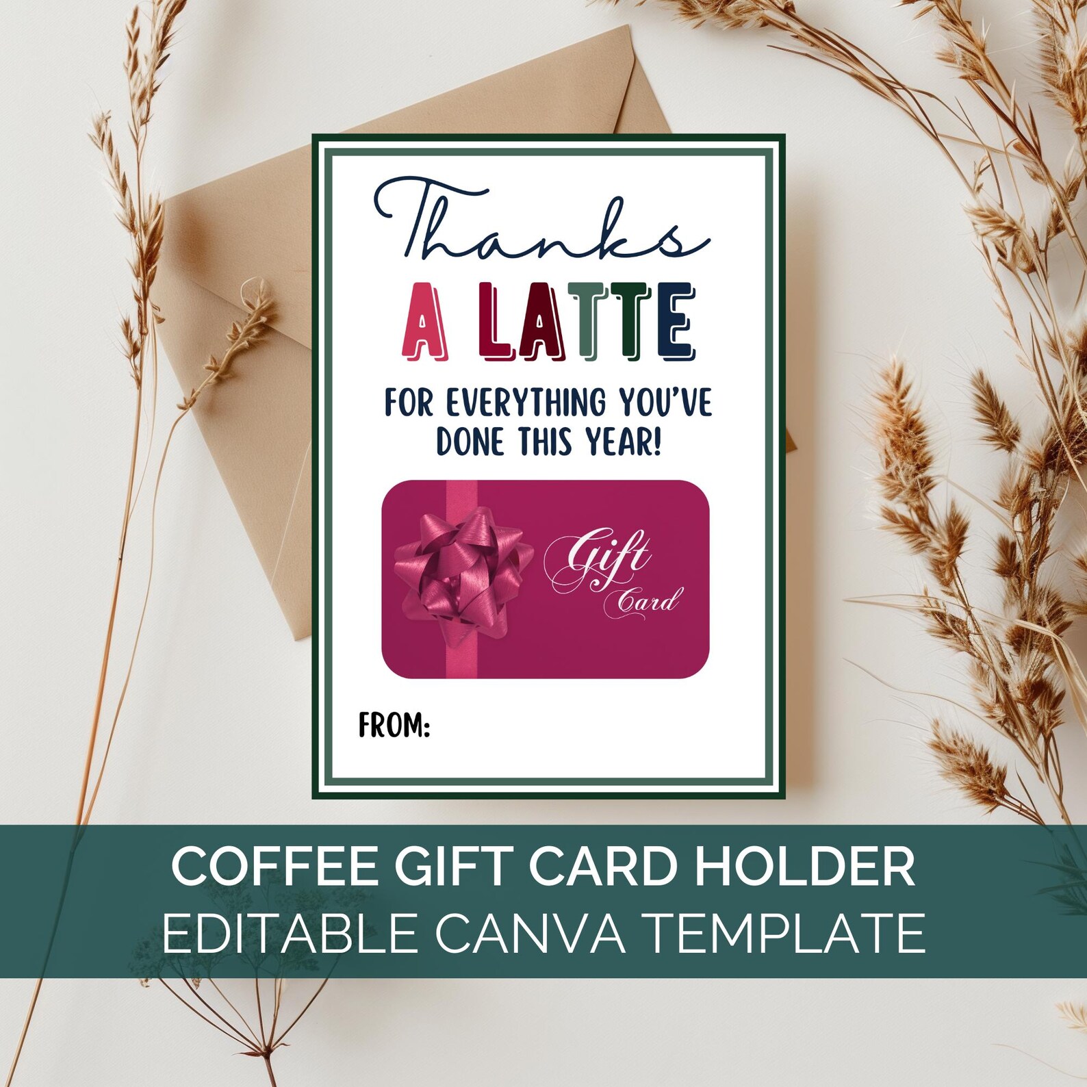 Thanks A Latte Gift Card Holder Canva Template, Christmas Coffee Gift ...