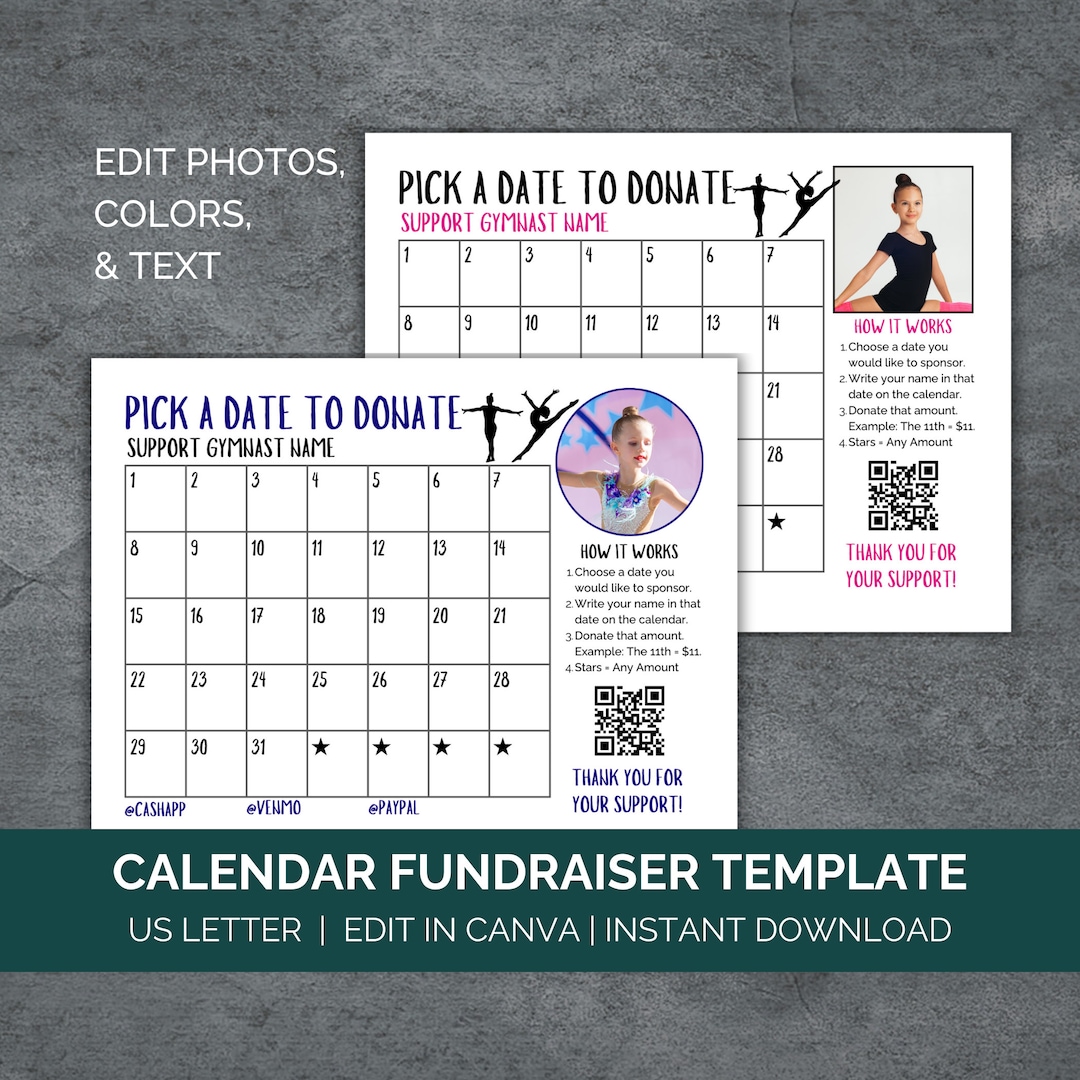 Pick A Date to Donate Gymnastics Fundraiser Calendar Canva Template ...