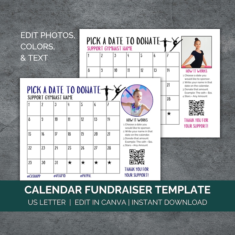 Pick A Date to Donate Gymnastics Fundraiser Calendar Canva Template ...