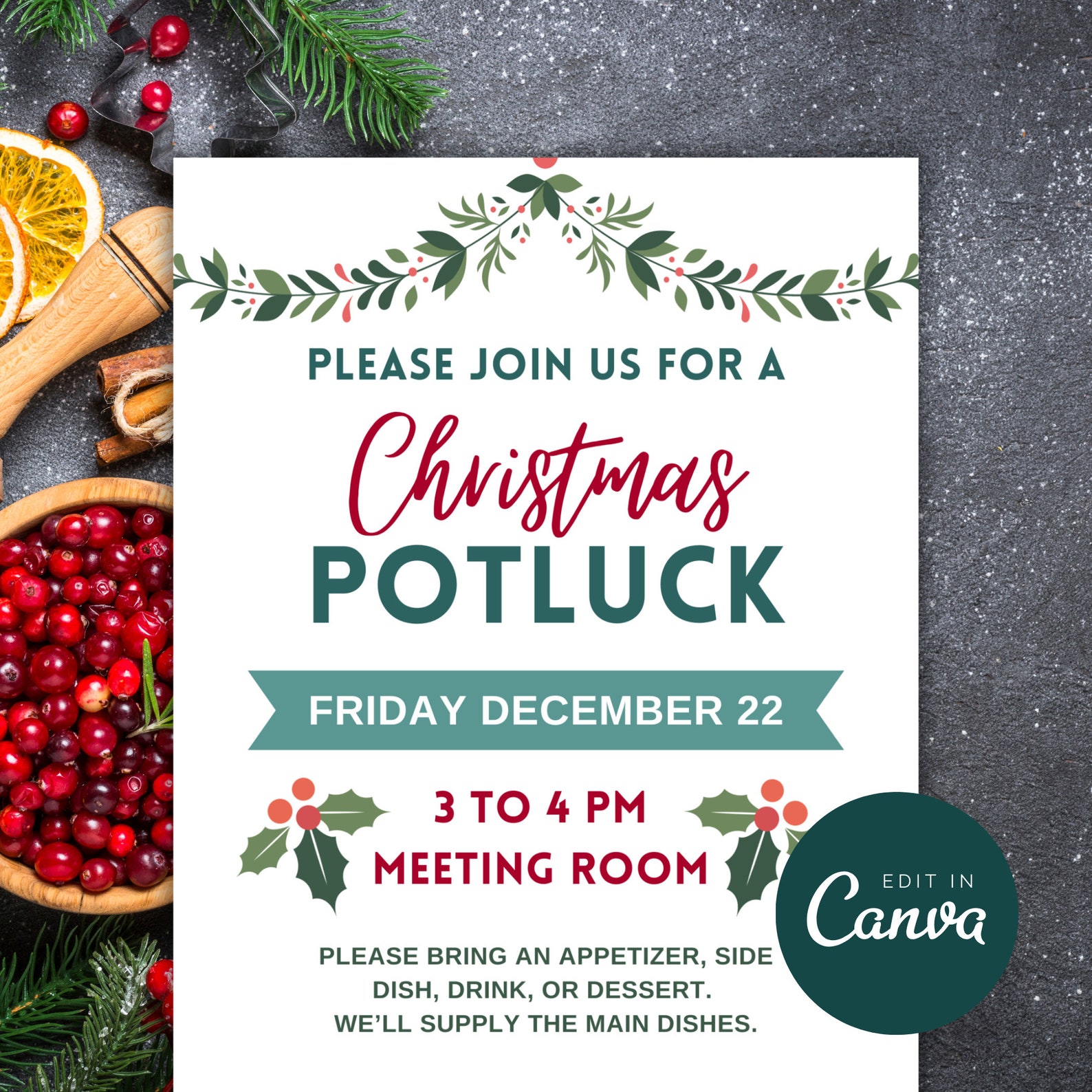 Christmas Potluck Flyer Template, Winter Potluck Sign, Office Potluck ...
