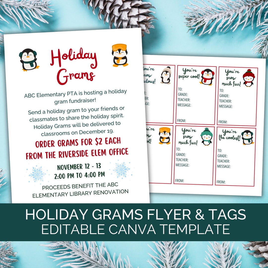 Christmas Candy Cane Gram Canva Template, Penguin Grams Flyer ...