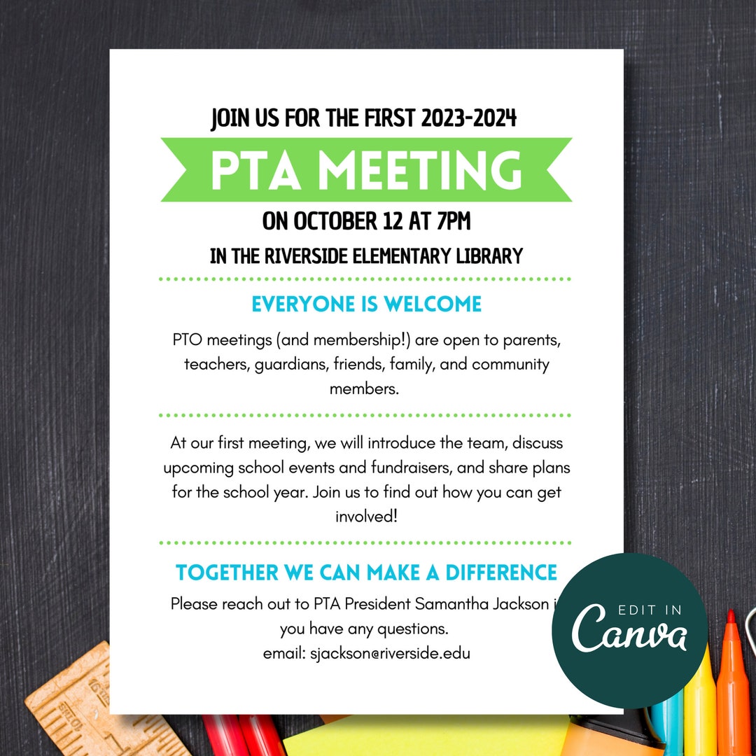 PTA Meeting Flyer Template, Editable PTO Meeting Flyer, Printable Canva ...