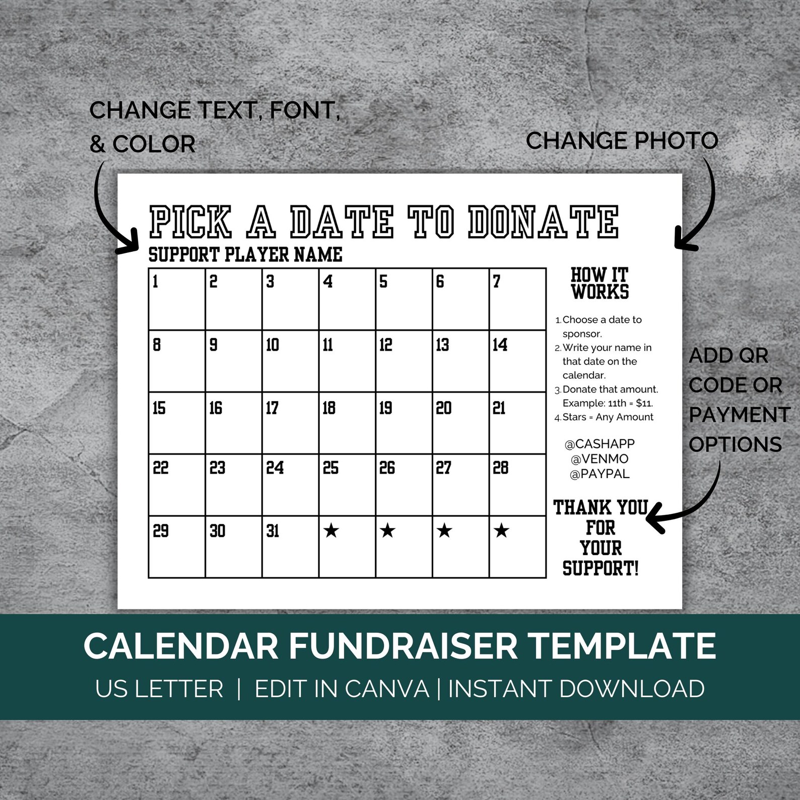 All Purpose Pick A Date Calendar Fundraiser Canva Template, No Photo ...