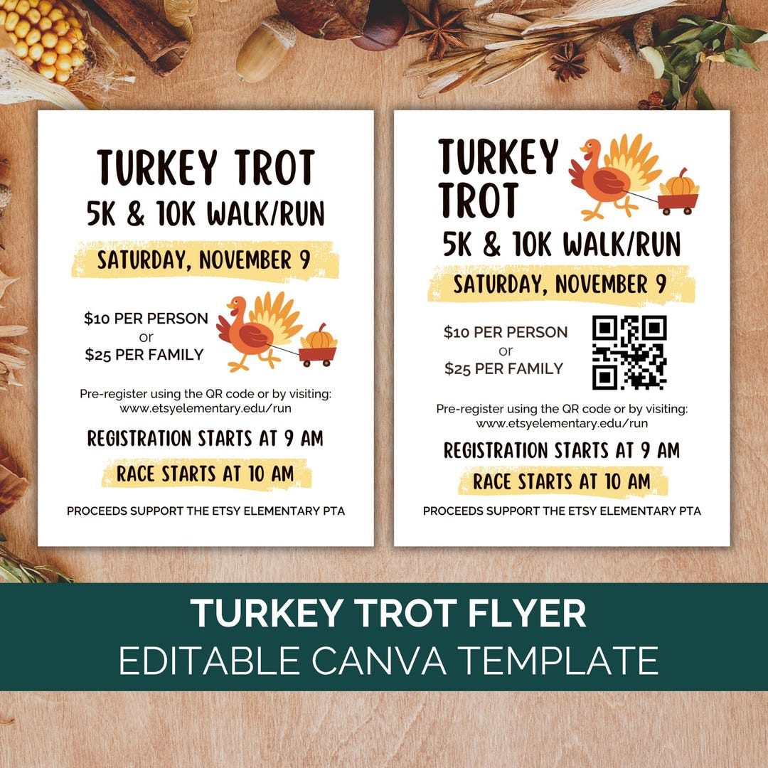 Turkey Trot Flyer Canva Template, 5k Fun Run Fundraiser Flyer, PTO ...