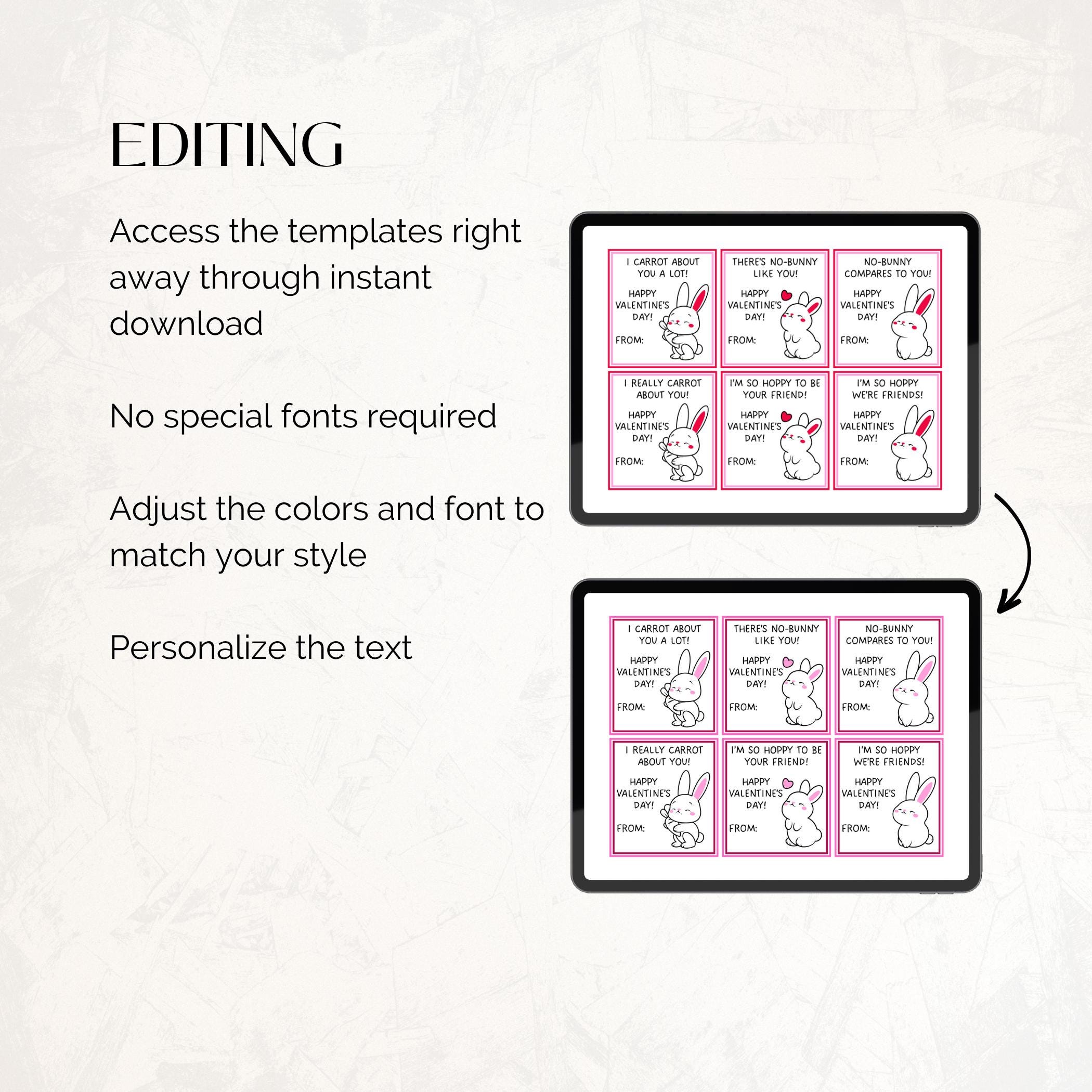 Bunny Valentine's Day Cards Canva Template, Rabbit Valentine Tags, Cute ...