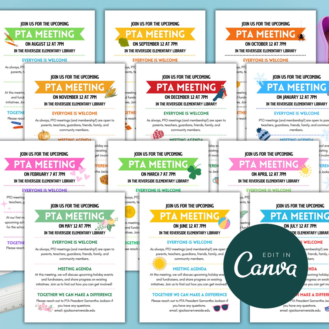 Editable Monthly PTA Meeting Flyers Themed Monthly PTO - Etsy
