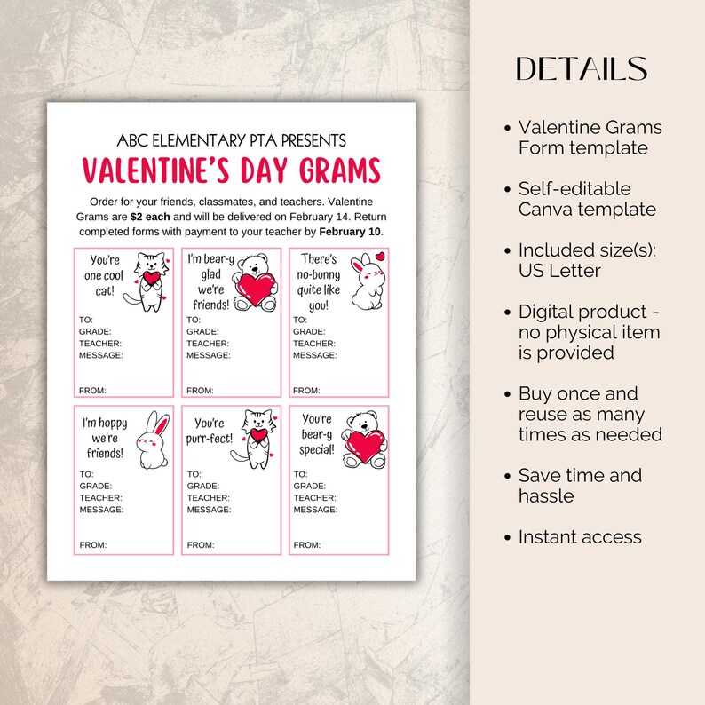 Valentine's Day Gram Fundraiser Canva Template, Animal Valentine Candy ...