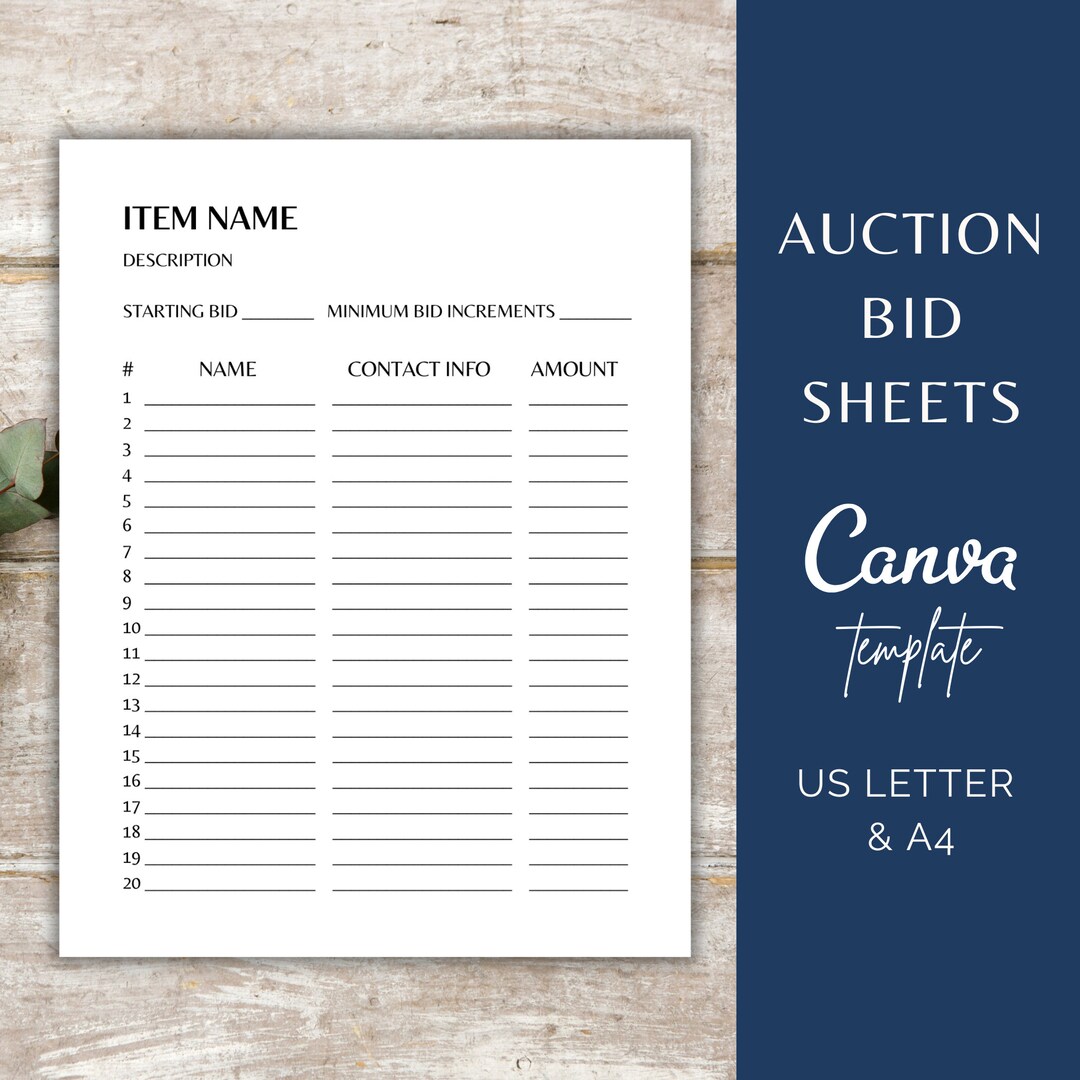 Editable Silent Auction Bid Sheets, Printable Silent Auction Sign up ...